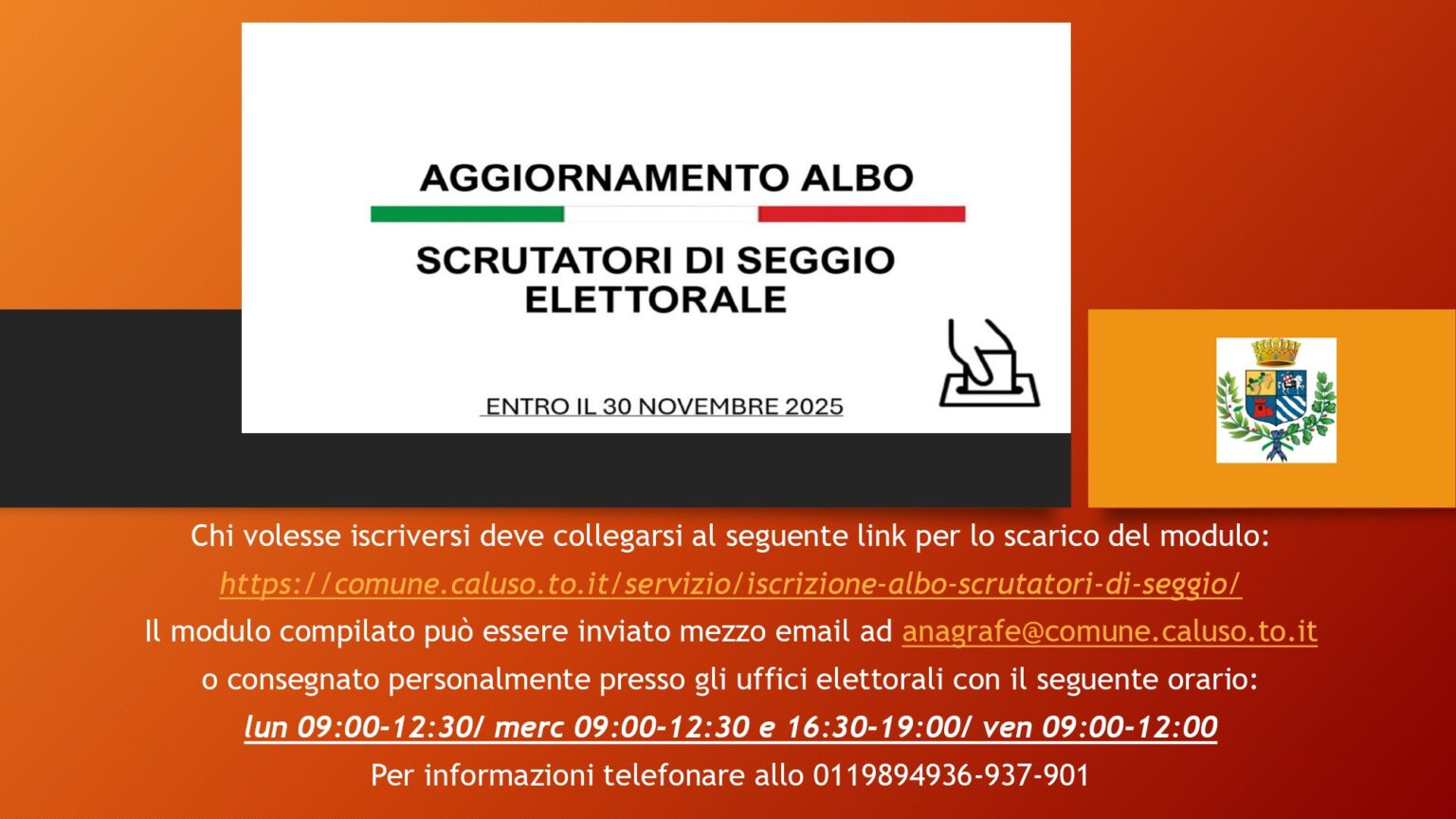 Aggiornamento albo scrutatori di seggio elettorale - Comune di Caluso